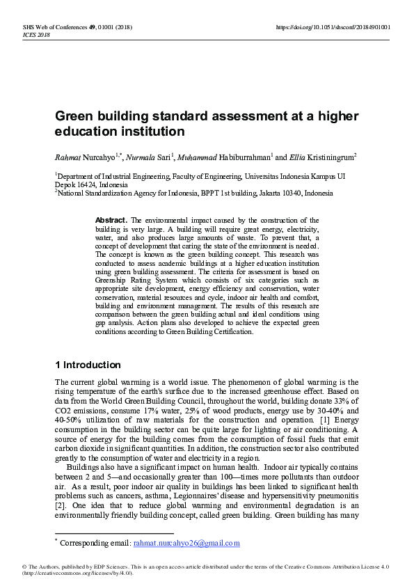 (PDF) Green building standard assessment at a higher education institution