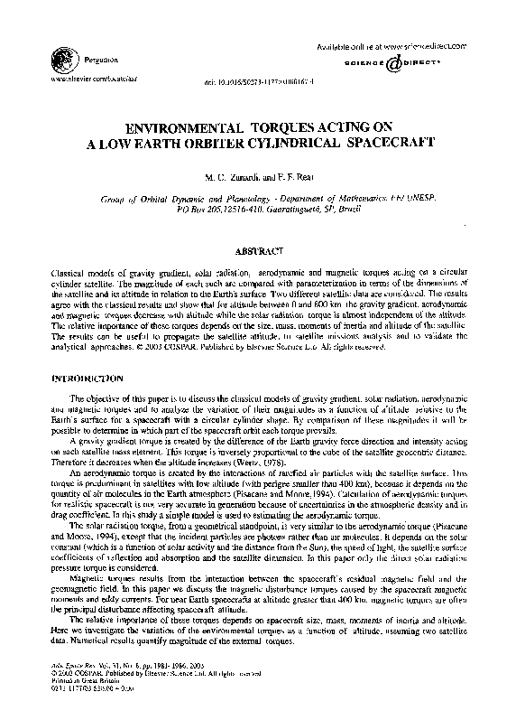 (PDF) Environmental torques acting on a low earth orbiter cylindrical ...