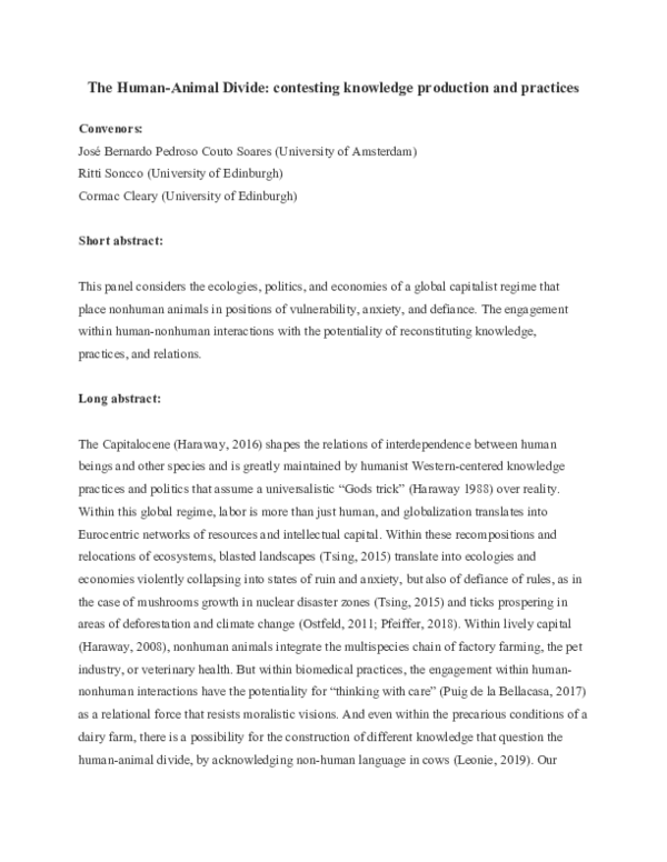 (DOC) Panel Abstract - The Human-Animal Divide: contesting knowledge ...