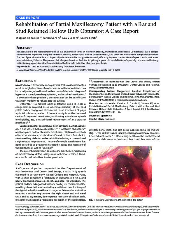 (PDF) Rehabilitation of Partial Maxillectomy Patient with a Bar and ...
