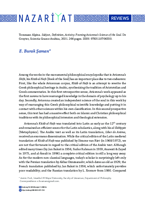 (PDF) Tommaso Alpina. Subject, Definition, Activity: Framing Avicenna’s ... (PDF) Tommaso Alpina. Subject, Definition, Activity: Framing Avicenna’s ...