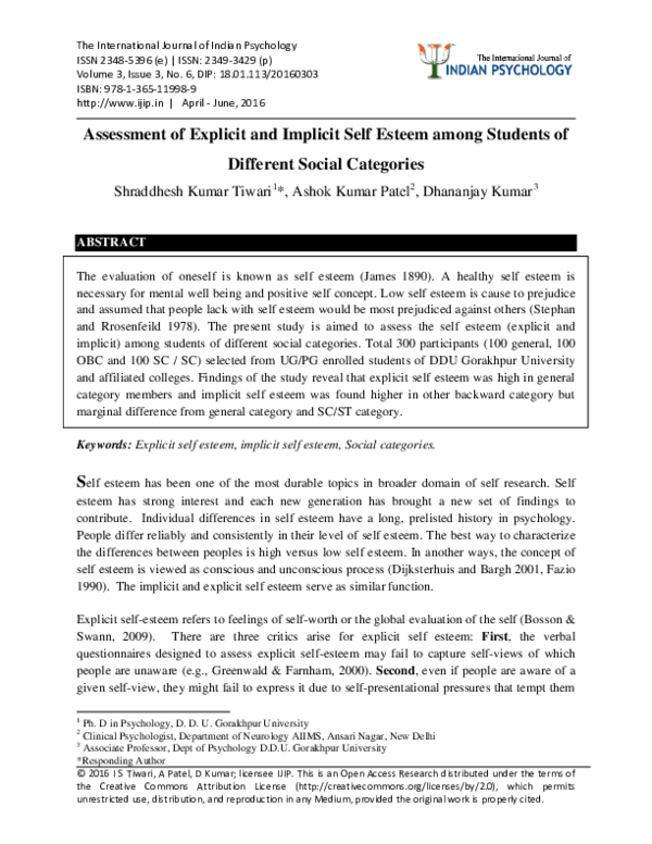 (PDF) Assessment of Explicit and Implicit Self Esteem among Students of Different Social Categories