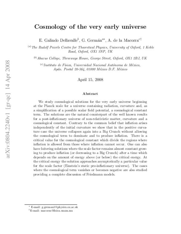 (PDF) Cosmology of the Very Early Universe