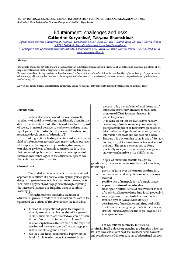 (DOC) Edutainment: challenges and risks