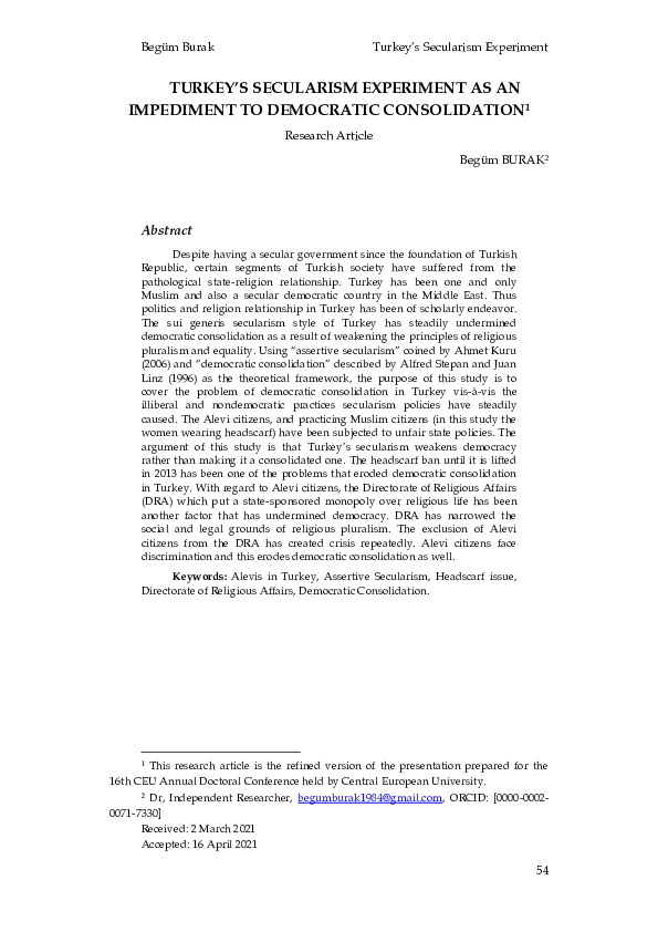(PDF) TURKEY'S SECULARISM EXPERIMENT AS AN IMPEDIMENT TO DEMOCRATIC ...