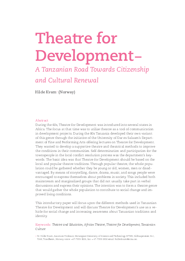 (PDF) Theatre for Development – A Tanzanian Road Towards Citizenship ...