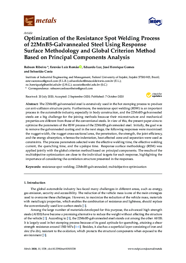 (PDF) Optimization of the Resistance Spot Welding Process of 22MnB5-Galvannealed Steel Using ...