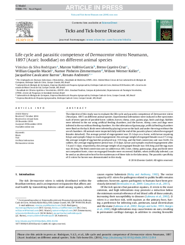 (PDF) Life cycle and parasitic competence of Dermacentor nitens Neumann ...