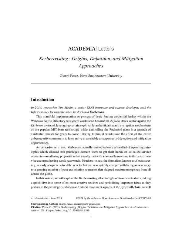 Pdf Kerberoasting Origins Definition And Mitigation Approaches