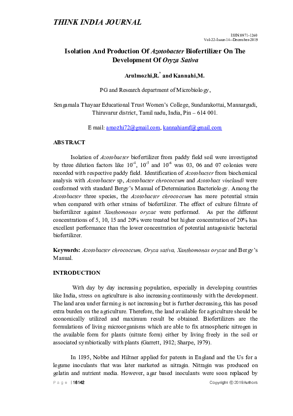 (PDF) Isolation And Production Of Azotobacter Biofertilizer On The ...