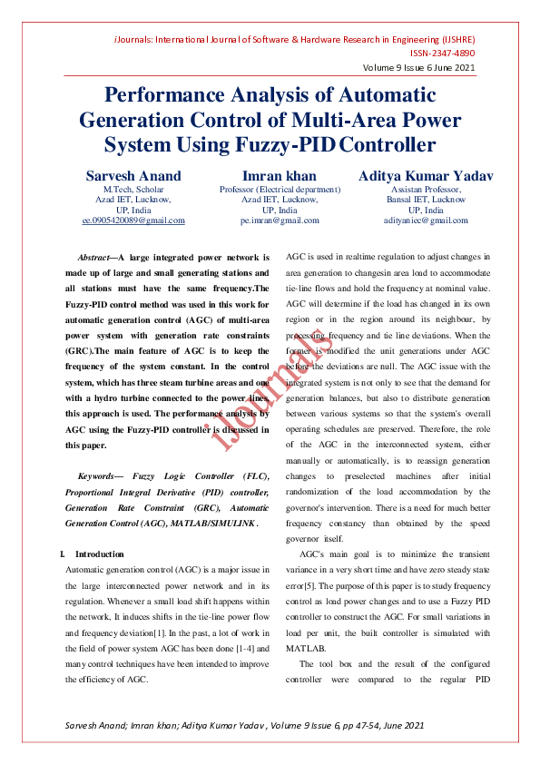 (PDF) Fuzzy-PID Control for Multi-Area AGC Analysis