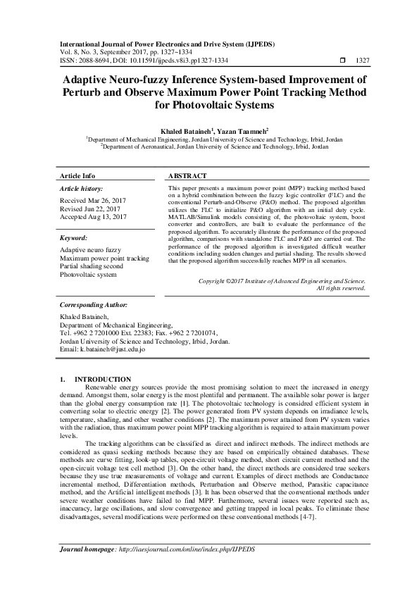 Pdf Adaptive Neuro Fuzzy Inference System Based Improvement Of Perturb And Observe Maximum