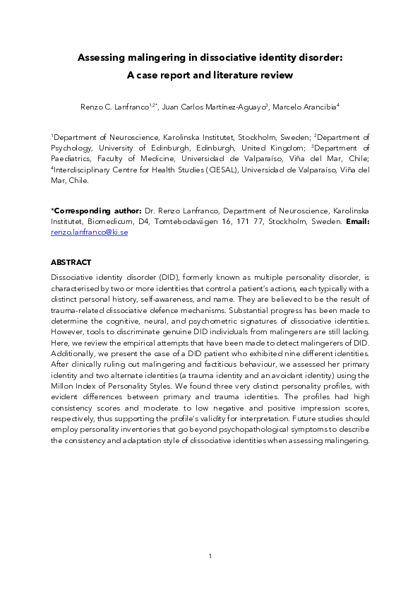 (PDF) Assessing malingering in dissociative identity disorder: A case ...
