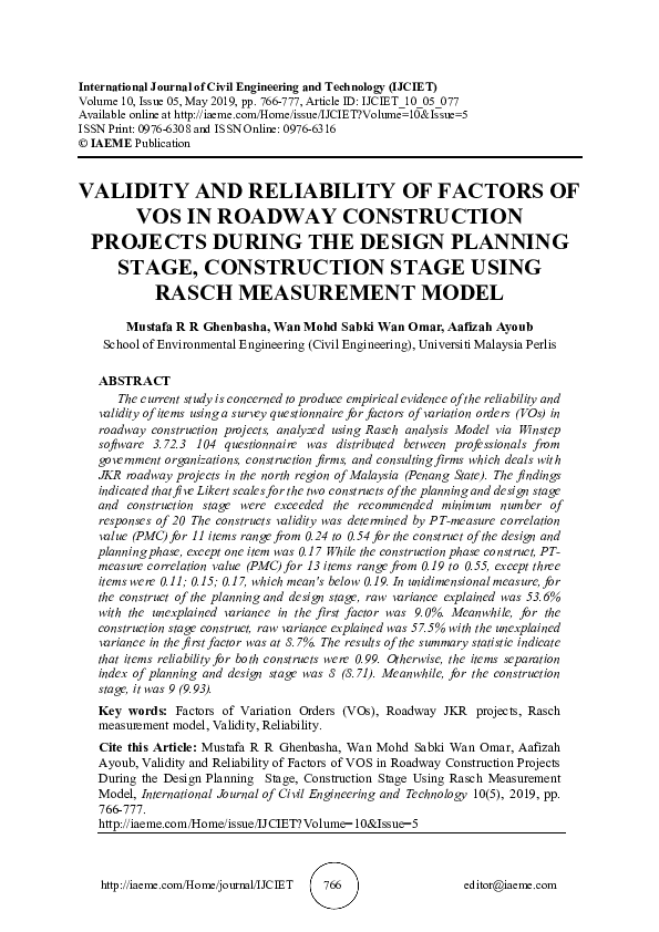 (PDF) VALIDITY AND RELIABILITY OF FACTORS OF VOS IN ROADWAY CONSTRUCTION PROJECTS DURING THE ...