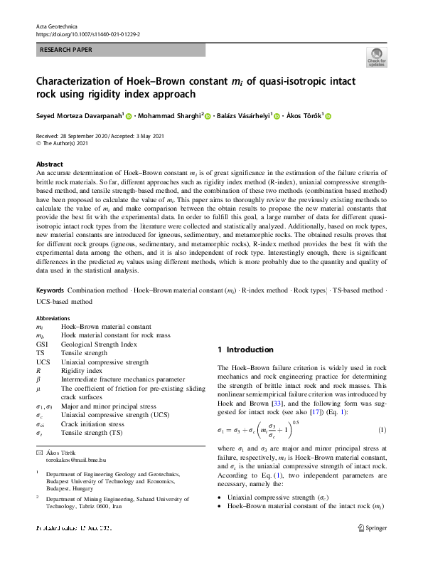(PDF) Characterization of Hoek-Brown constant m i of quasi-isotropic ...