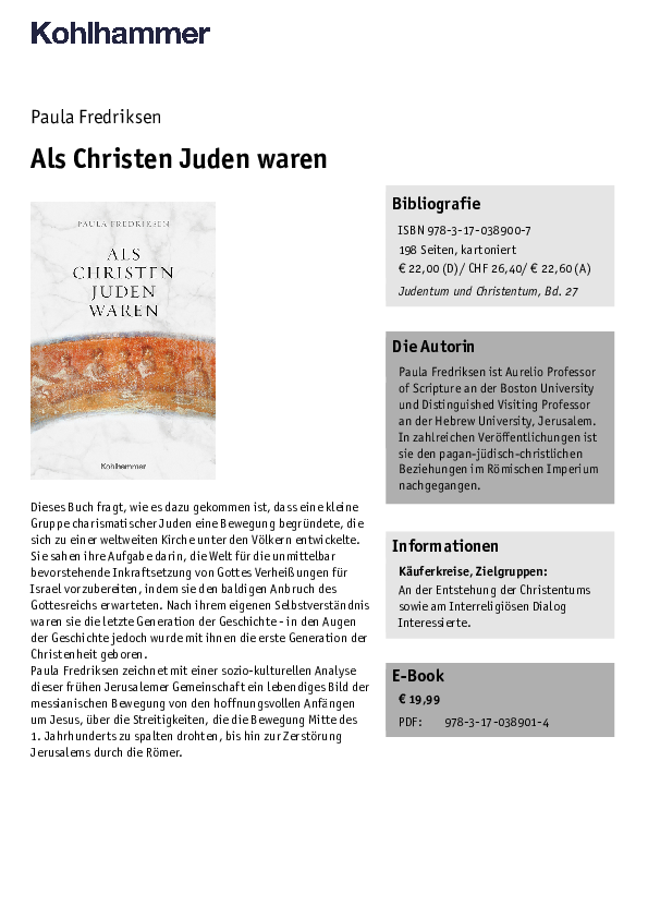 (PDF) Fredriksen Als Christen Juden Waren 2021 | Paula Fredriksen ...