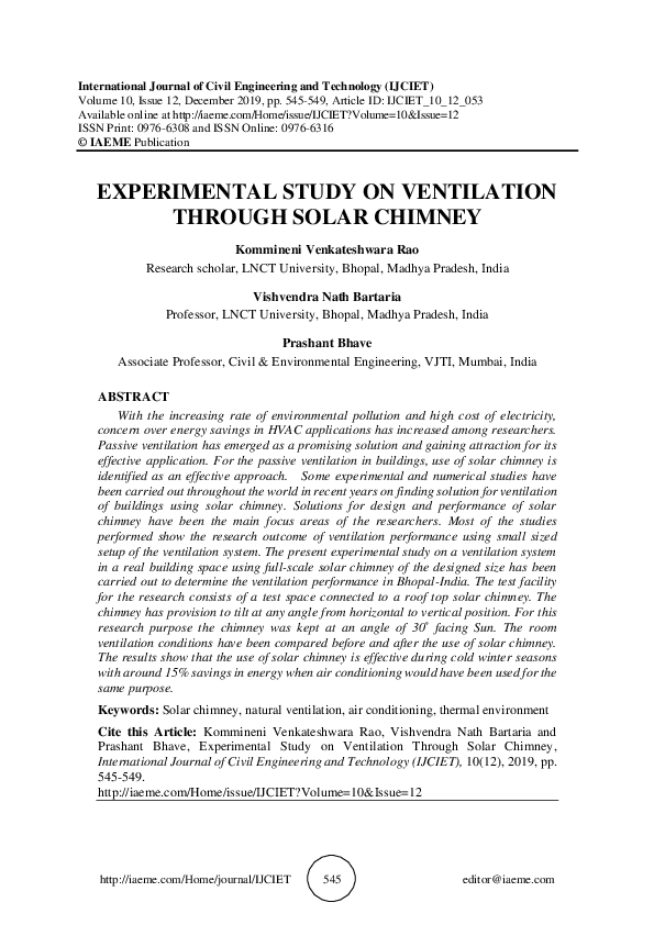 (PDF) EXPERIMENTAL STUDY ON VENTILATION THROUGH SOLAR CHIMNEY