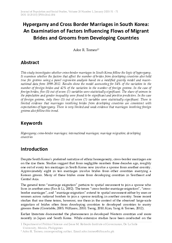 (PDF) Hypergamy and Cross Border Marriages in South Korea: An ...