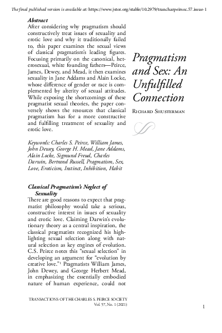 Pdf Pragmatism And Sex An Unfulfilled Connection