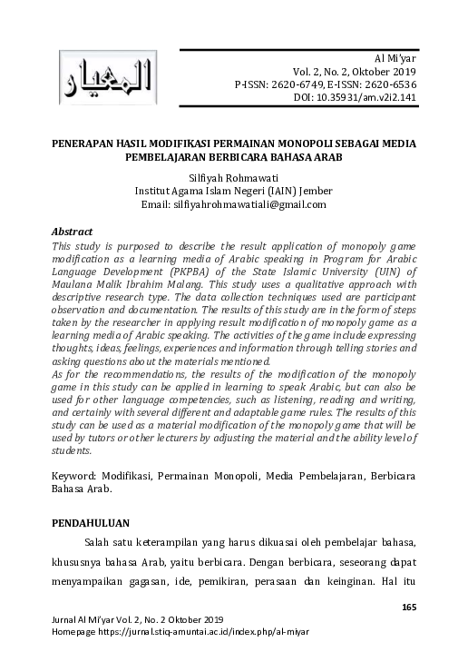 (PDF) Penerapan Modifikasi Permainan Monopoli Sebagai Media Pembelajaran Berbicara Bahasa Arab
