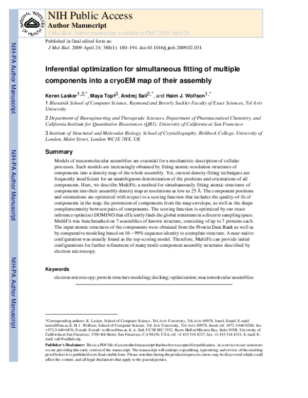 Pdf Inferential Optimization For Simultaneous Fitting Of Multiple Components Into A Cryoem Map