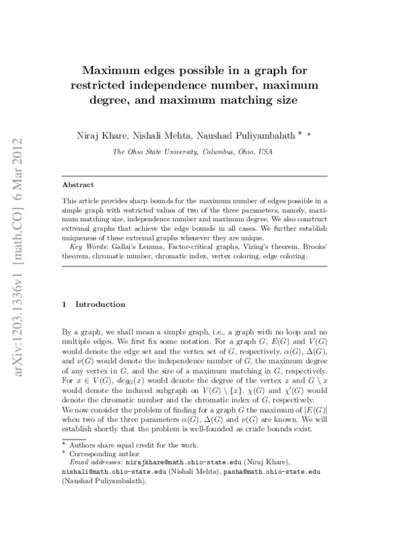 Pdf Maximum Edges Possible In A Graph For Restricted Independence Number Maximum Degree And