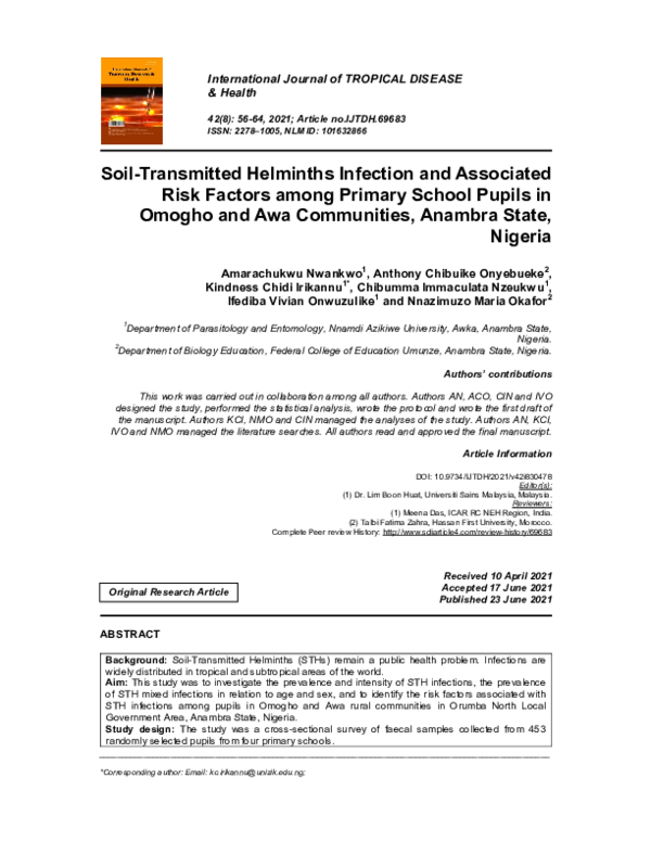 (PDF) Soil-Transmitted Helminths Infection and Associated Risk Factors among Primary School ...