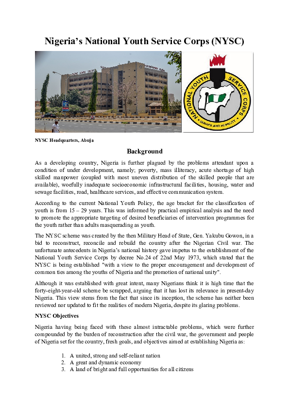 (DOC) Nigeria's National Youth Service Corps (NYSC)