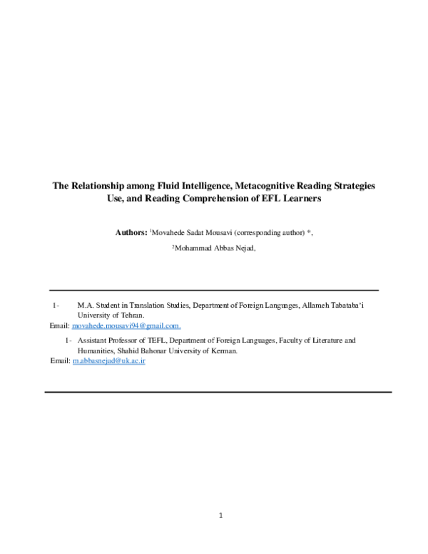 (PDF) The Relationship among Fluid Intelligence, Metacognitive Reading Strategies Use, and ...