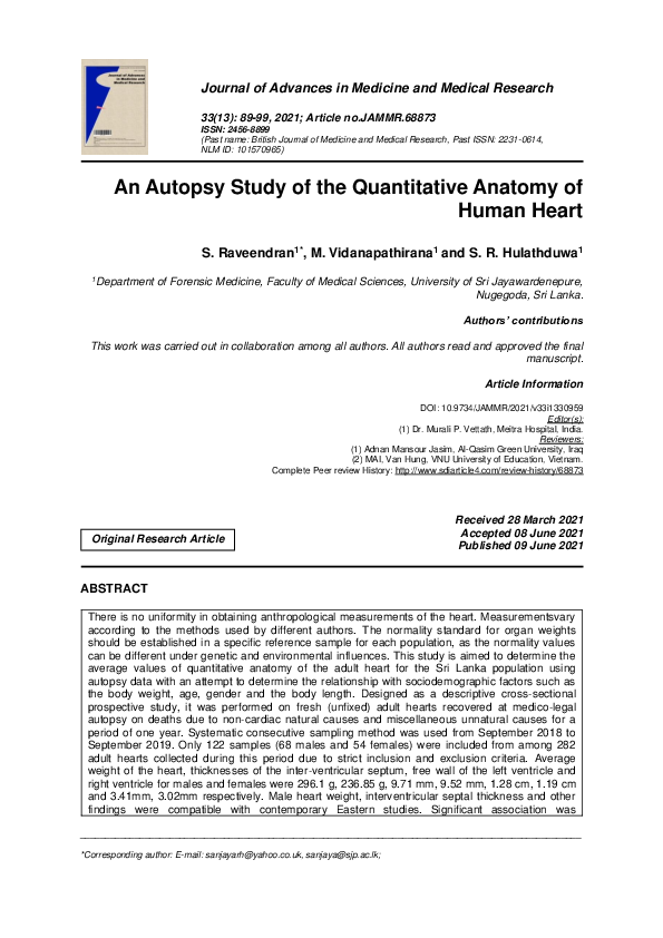 (PDF) An Autopsy Study of the Quantitative Anatomy of Human Heart
