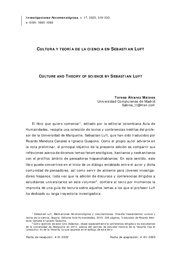 (PDF) CULTURA Y TEORÍA DE LA CIENCIA EN SEBASTIAN LUFT CULTURE AND ...