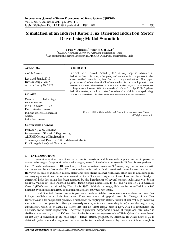 Pdf Simulation Of An Indirect Rotor Flux Oriented Induction Motor Drive Using Matlab Simulink