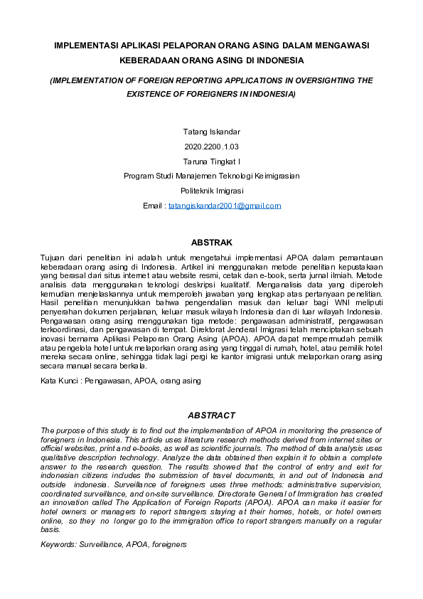 (DOC) IMPLEMENTASI APLIKASI PELAPORAN ORANG ASING DALAM MENGAWASI KEBERADAAN ORANG ASING DI ...