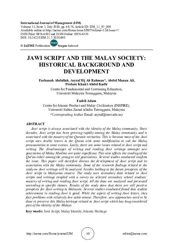 (PDF) JAWI SCRIPT AND THE MALAY SOCIETY: HISTORICAL BACKGROUND AND ...