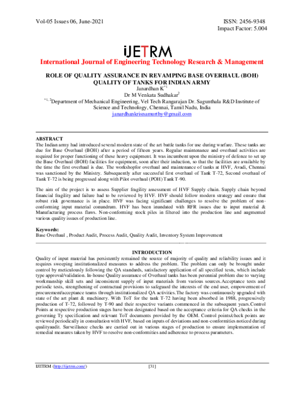 (PDF) ROLE OF QUALITY ASSURANCE IN REVAMPING BASE OVERHAUL (BOH ...