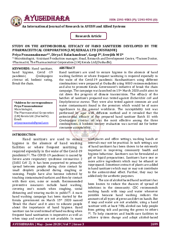 (PDF) Study on the Antimicrobial Efficacy of Hand Sanitizers Developed ...