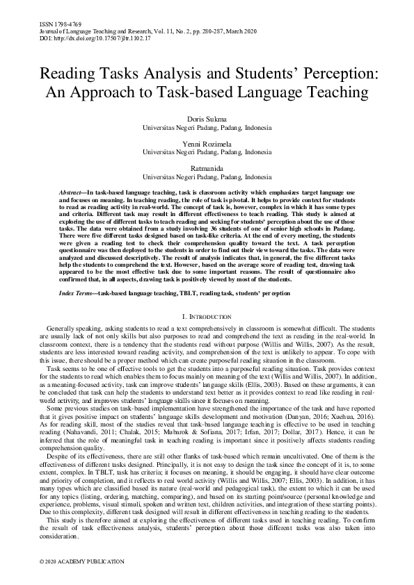 (PDF) Reading Tasks Analysis and Students’ Perception: An Approach to ...