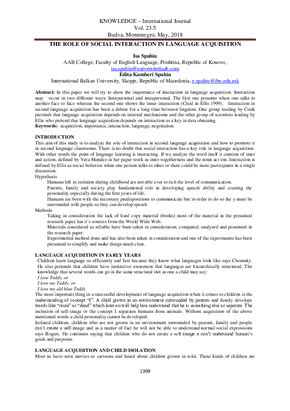 (PDF) THE ROLE OF SOCIAL INTERACTION IN LANGUAGE ACQUISITION