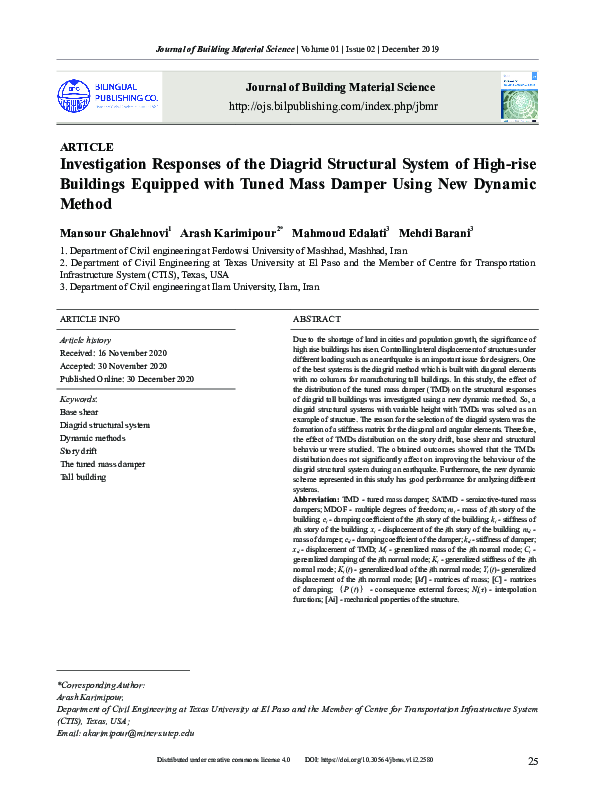 (PDF) Investigation responses of the diagrid structural system of high-rise buildings equipped ...