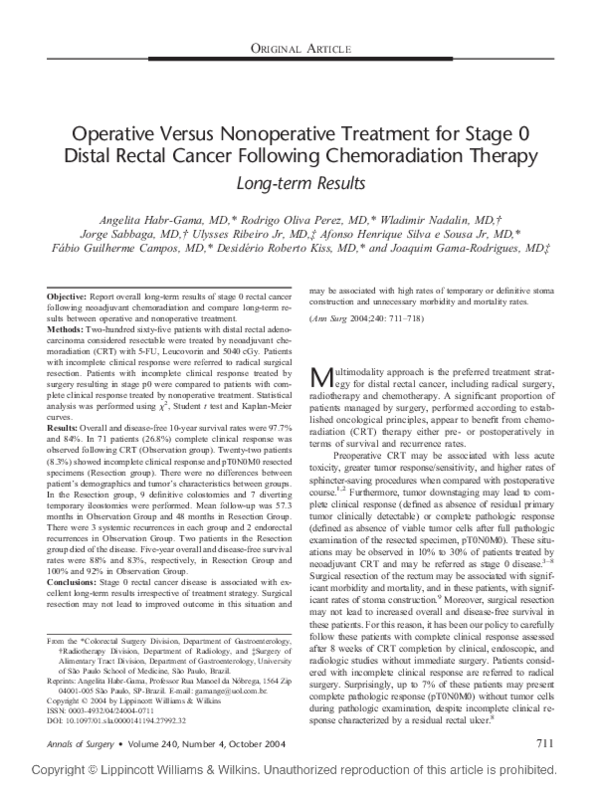 (PDF) Operative Versus Nonoperative Treatment for Stage 0 Distal Rectal ...
