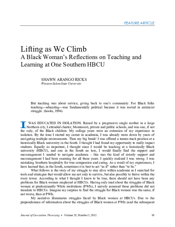 (PDF) Lifting as We Climb: A Black Woman’s Reflections on Teaching and ...
