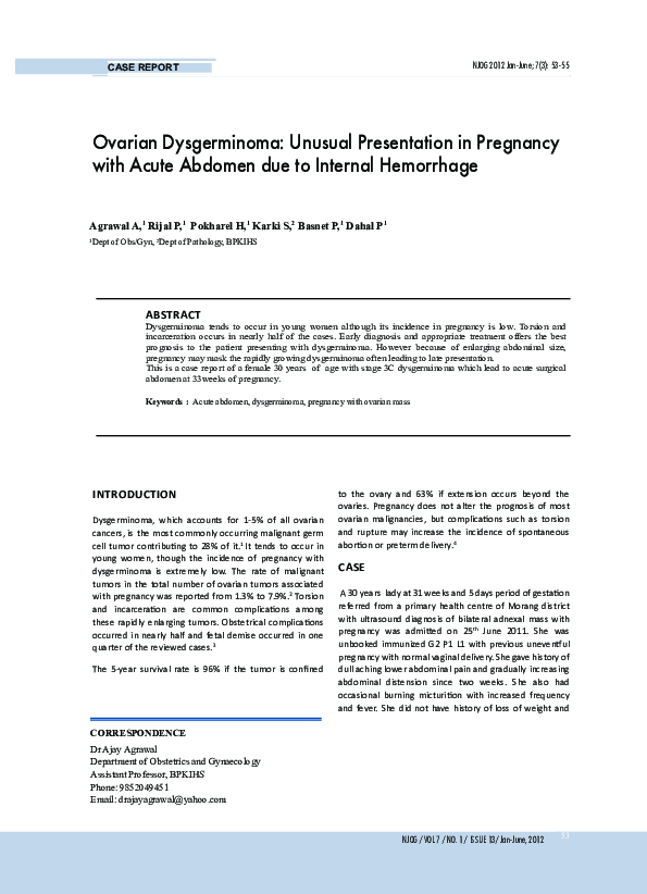 (PDF) Ovarian Dysgerminoma: Unusual Presentation in Pregnancy with Acute Abdomen due to Internal ...