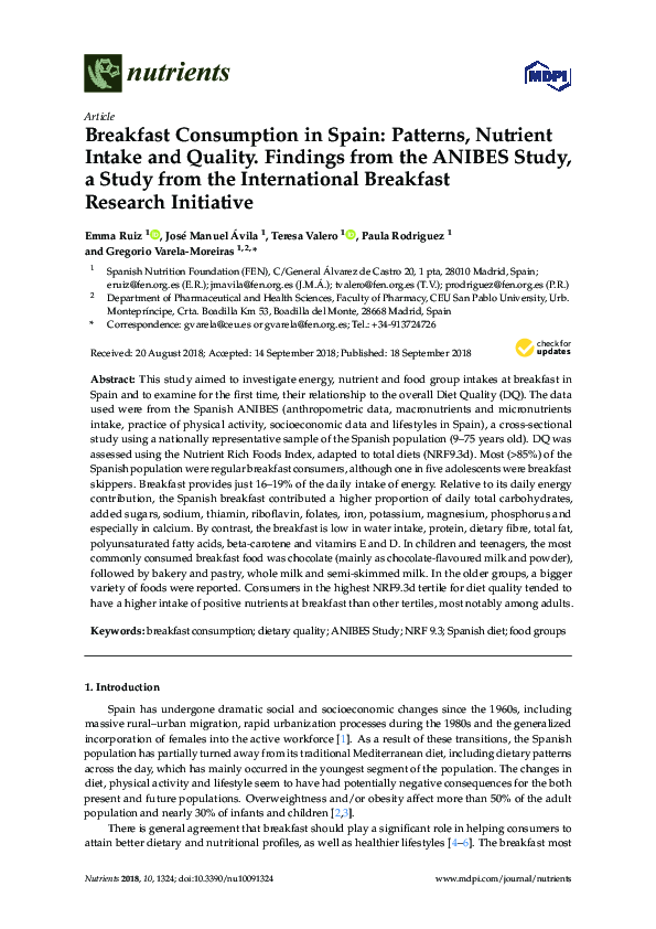 (PDF) Breakfast Consumption in Spain: Patterns, Nutrient Intake and ...