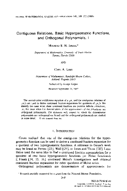 (PDF) Contiguous relations, basic hypergeometric functions, and orthogonal polynomials, I | Carl ...