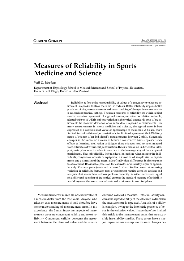 (PDF) Measures of Reliability In Sports Medicine and Science