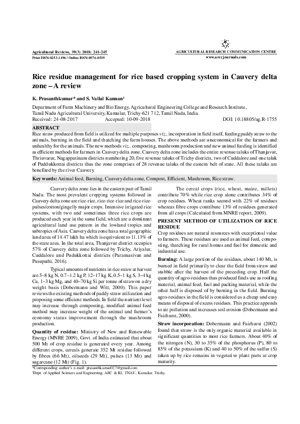 Pdf Rice Residue Management For Rice Based Cropping System In Cauvery