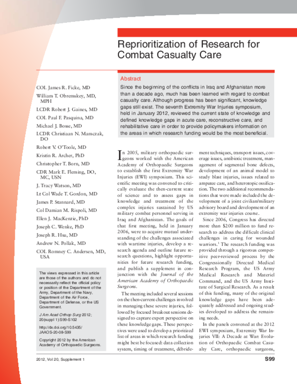 (PDF) Reprioritization of Research for Combat Casualty Care