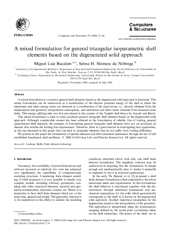 Pdf A Mixed Formulation For General Triangular Isoparametric Shell Elements Based On The