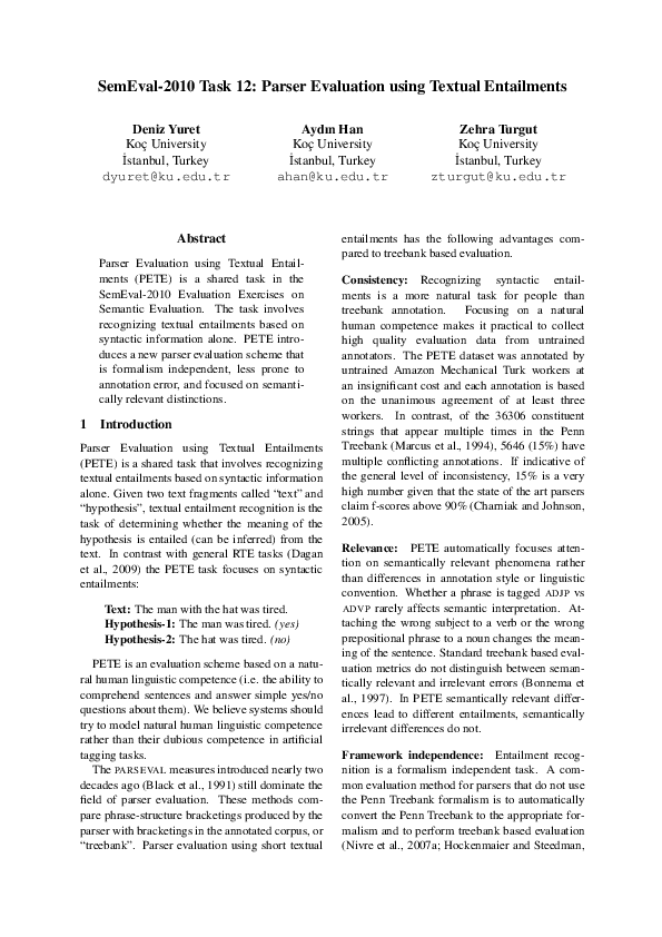 (PDF) Semeval-2010 Task 12: Parser Evaluation Using Textual Entailments