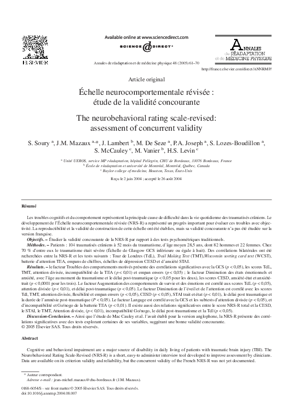 (PDF) Échelle neurocomportementale révisée: Étude de la validité ...